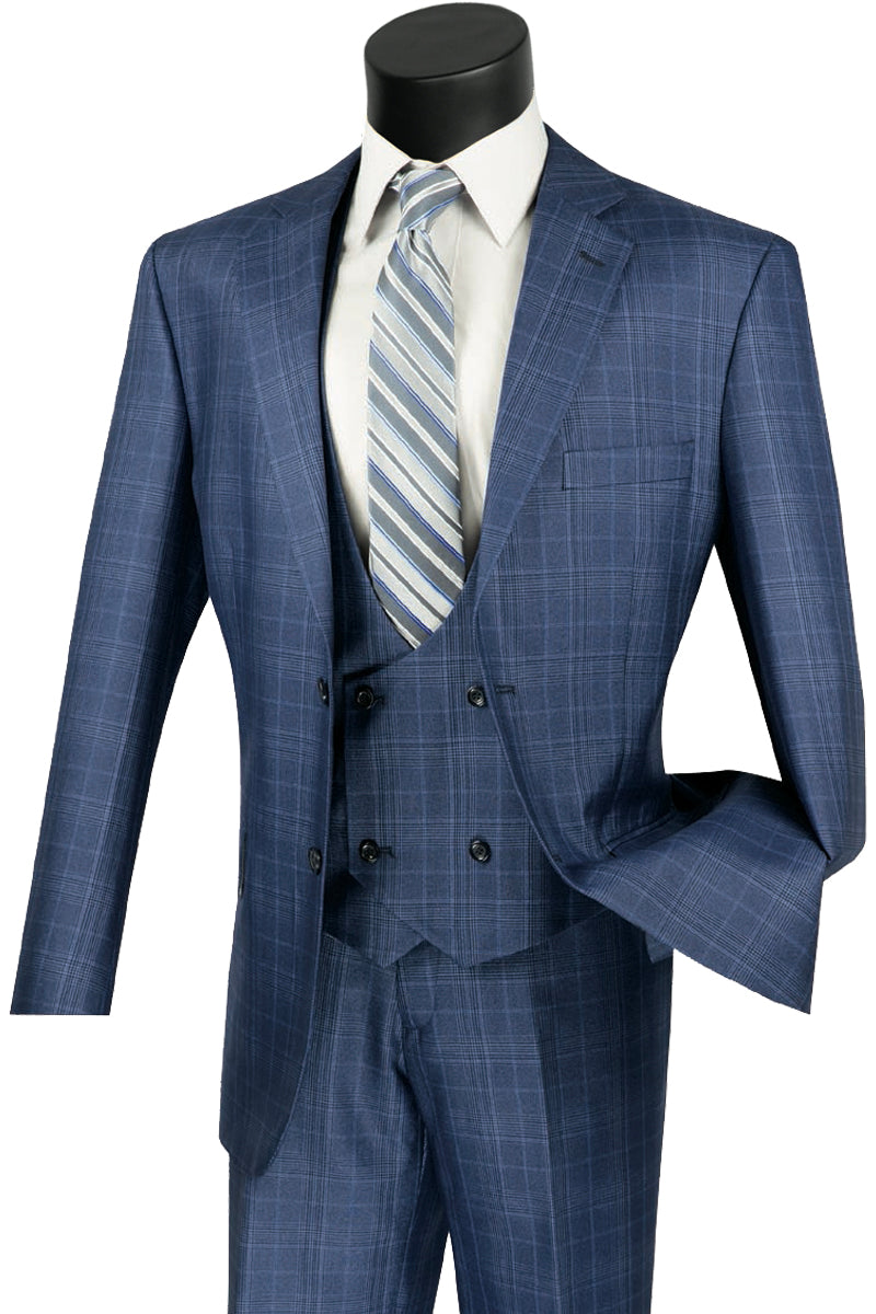 Mens Classic Fit Low Cut Vest Glen Plaid Suit in Blue | Alberto Nardoni