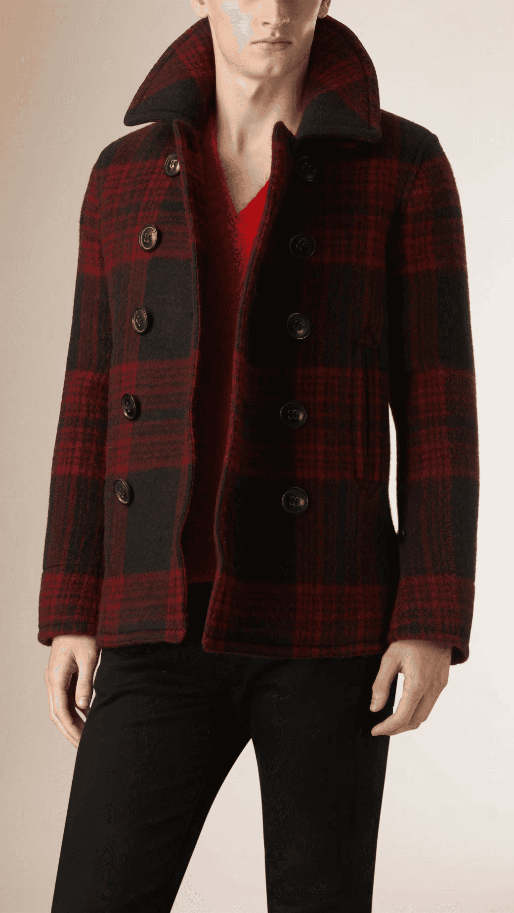 Mens Red Plaid Pea Coat - Wool Checkered Peacoat | Alberto Nardoni
