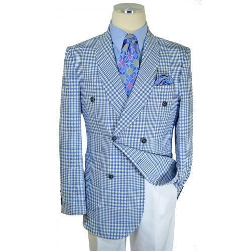 Neo-Houndstooth Light Blue / White Cotton Double Breasted Classic Fit ...